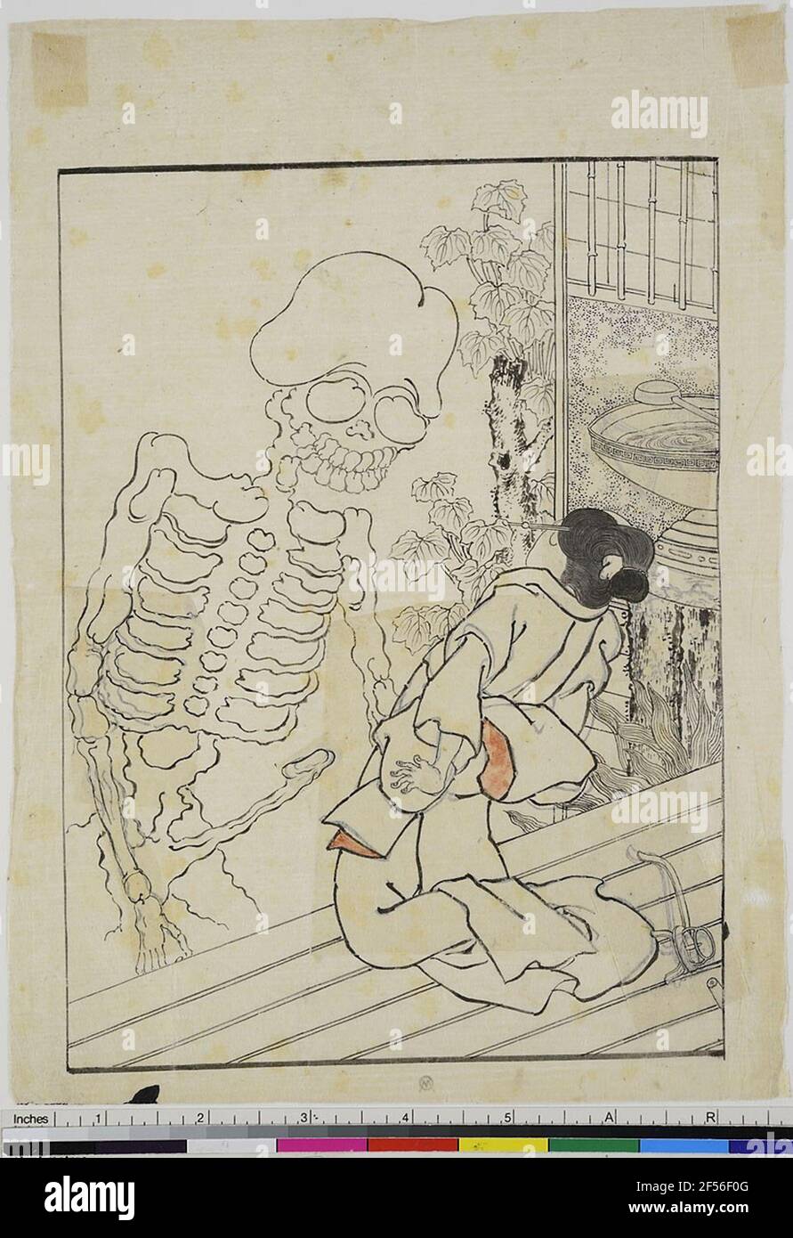 Woman is scared of a phallic skeleton. Donation Gerhard Schack Stock ...