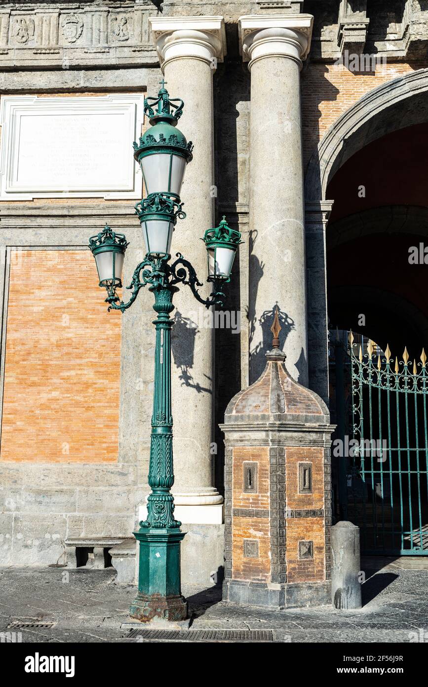 Sentry box and a classic retro lamppost of the Royal Palace of Naples ...