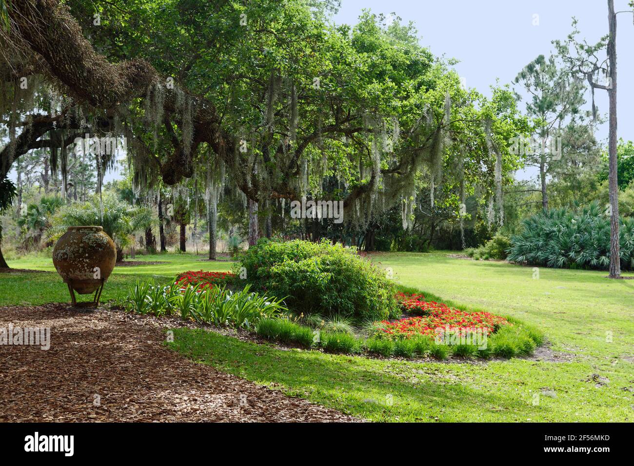 English style country garden, rolling hills, green grass, flowers ...