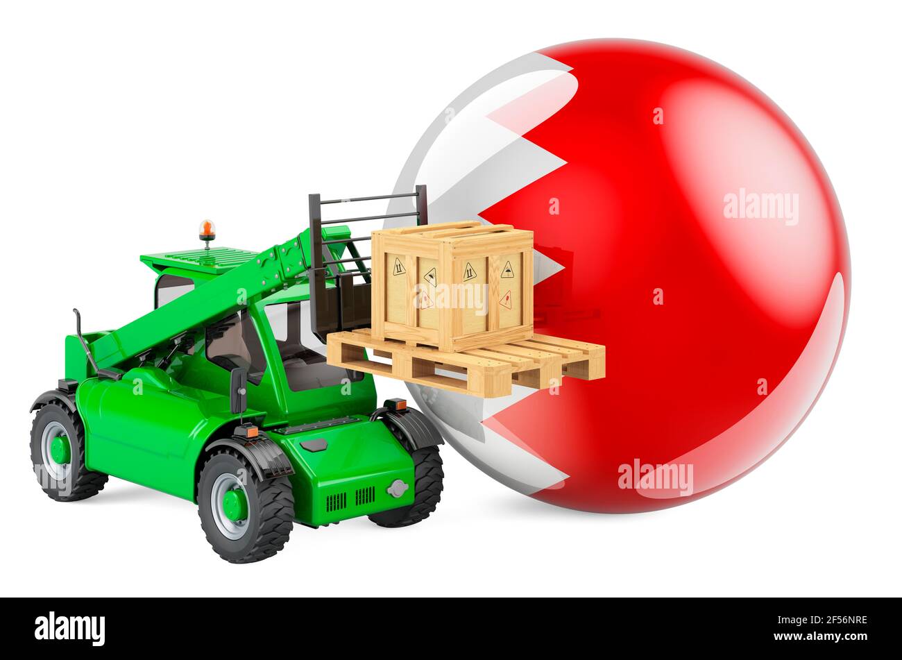 Bahraini flag with telescopic handler truck and parcel. Cargo shipping ...