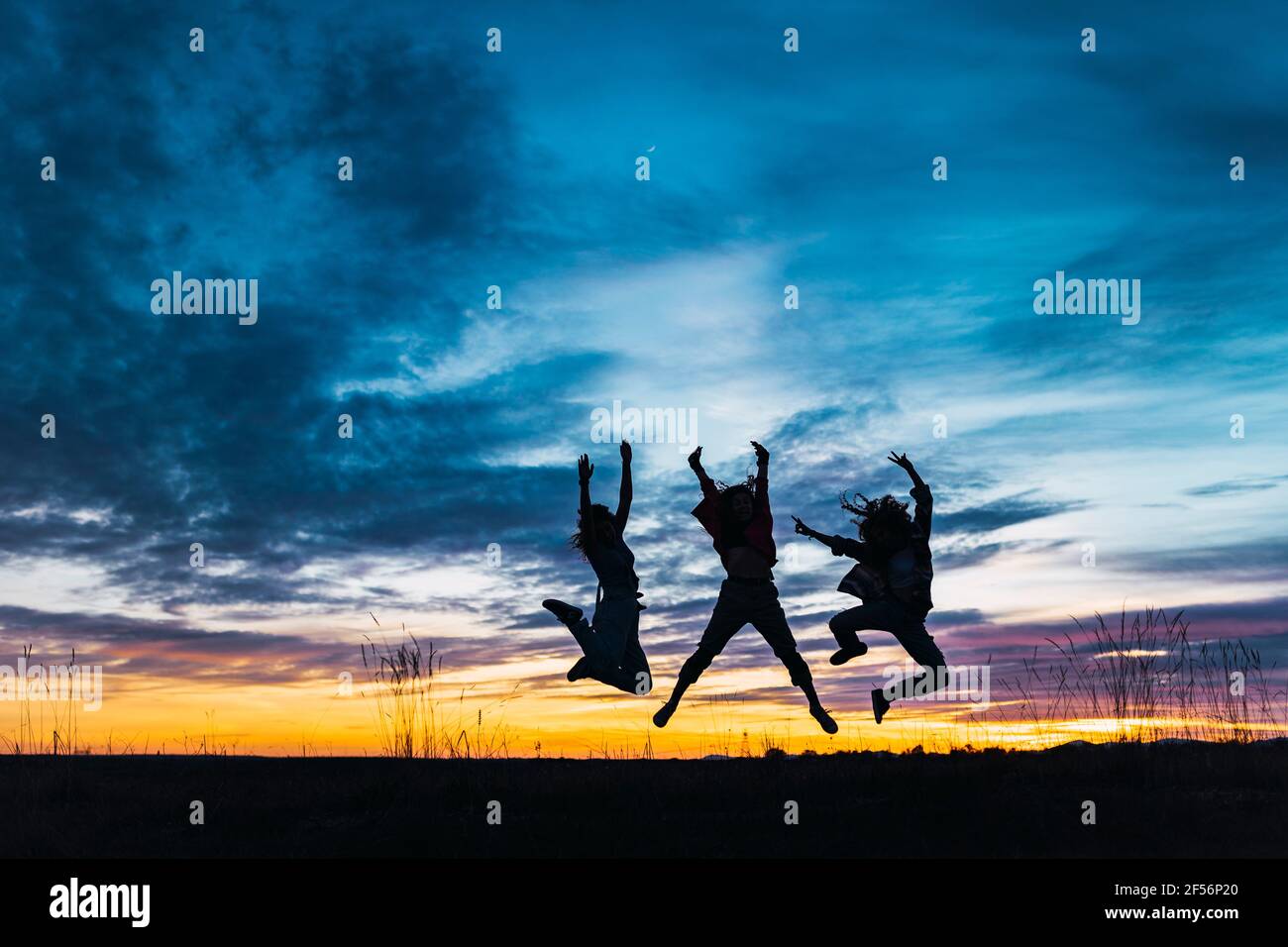 Silhouette friends arms raised sunset hi-res stock photography and ...