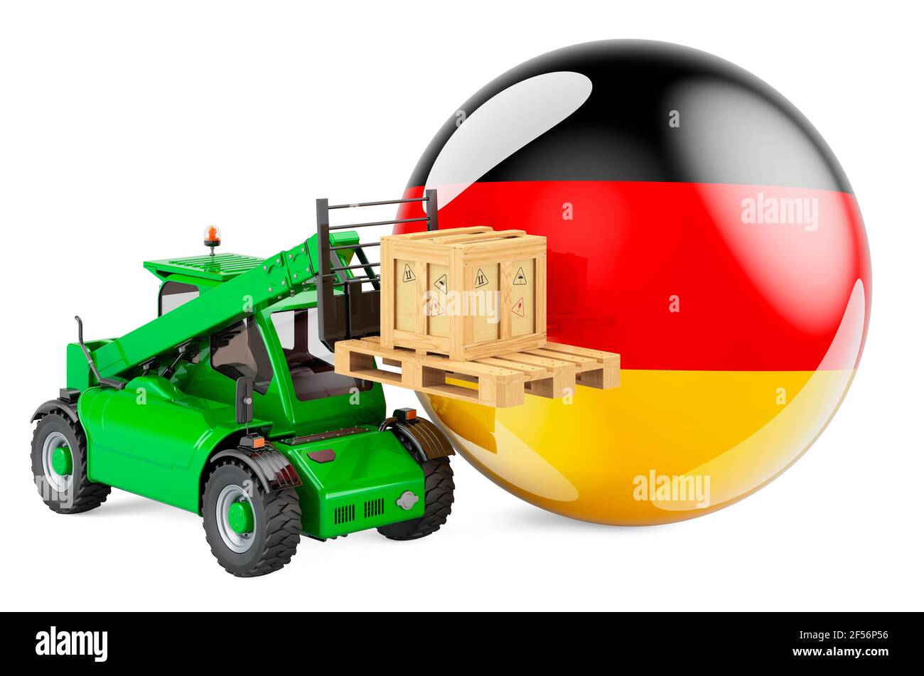 German flag with telescopic handler truck and parcel. Cargo shipping in ...
