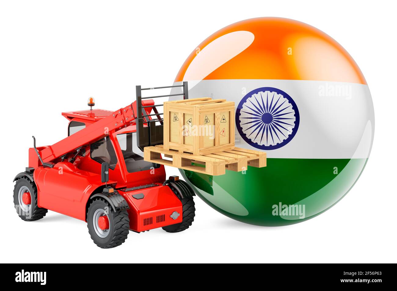 Indian flag with telescopic handler truck and parcel. Cargo shipping in ...
