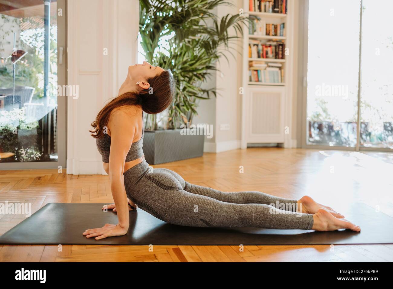 Active woman practicing upward facing dog position on mat at home Stock ...