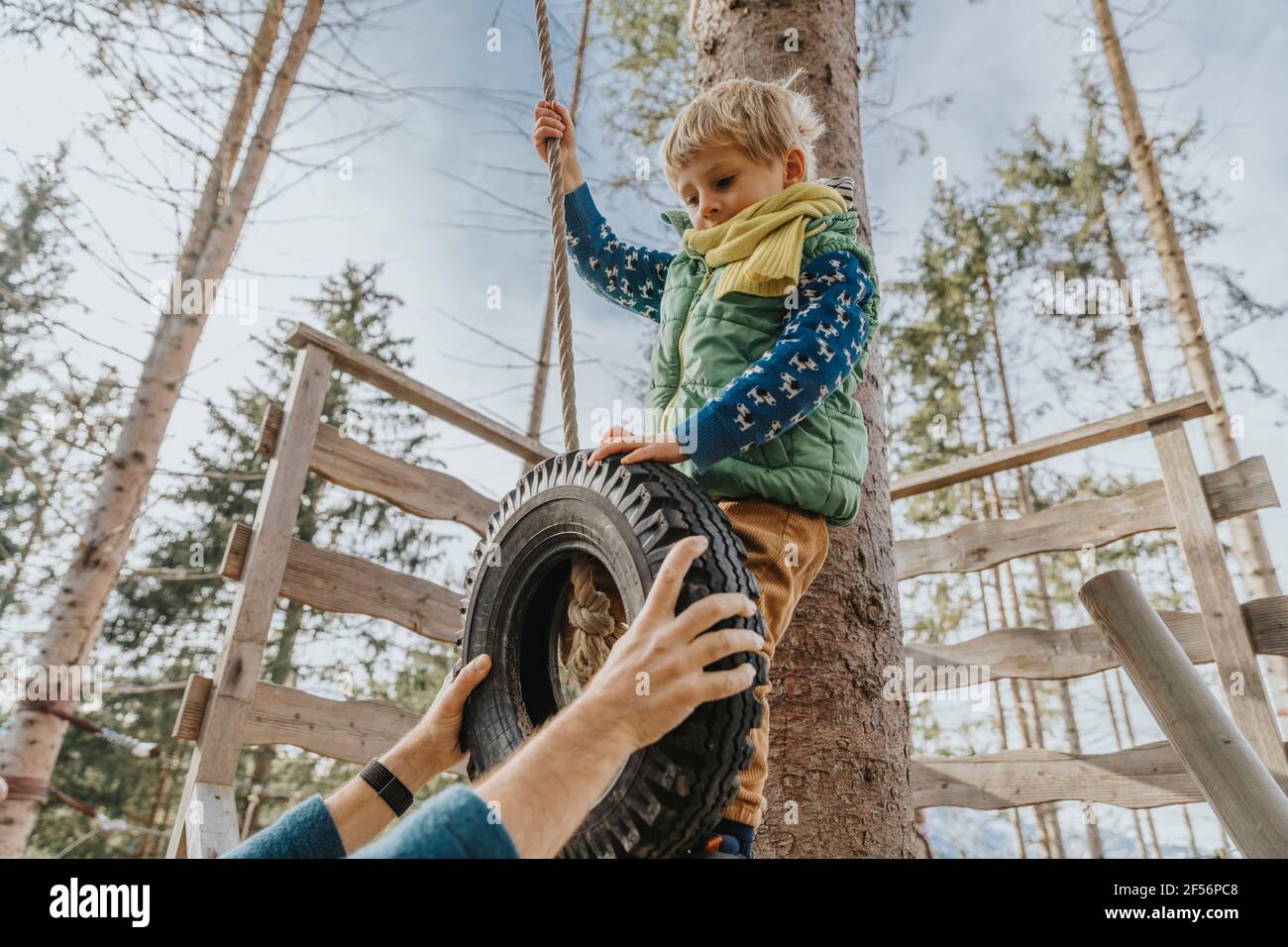 Man holding tier while son hanging through rope against tree at ...