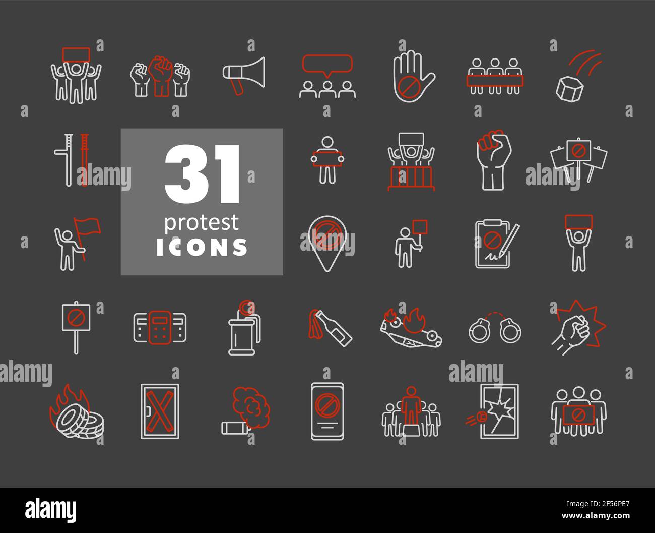 Protest, demonstration, strike, revolution set vector icons. Graph ...