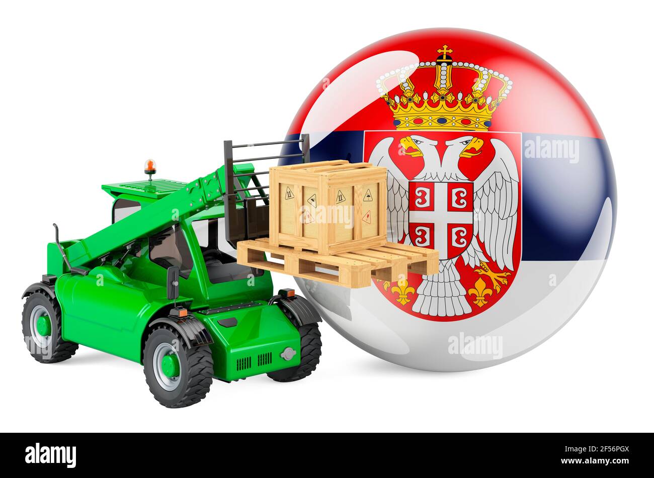 Serbian flag with telescopic handler truck and parcel. Cargo shipping ...