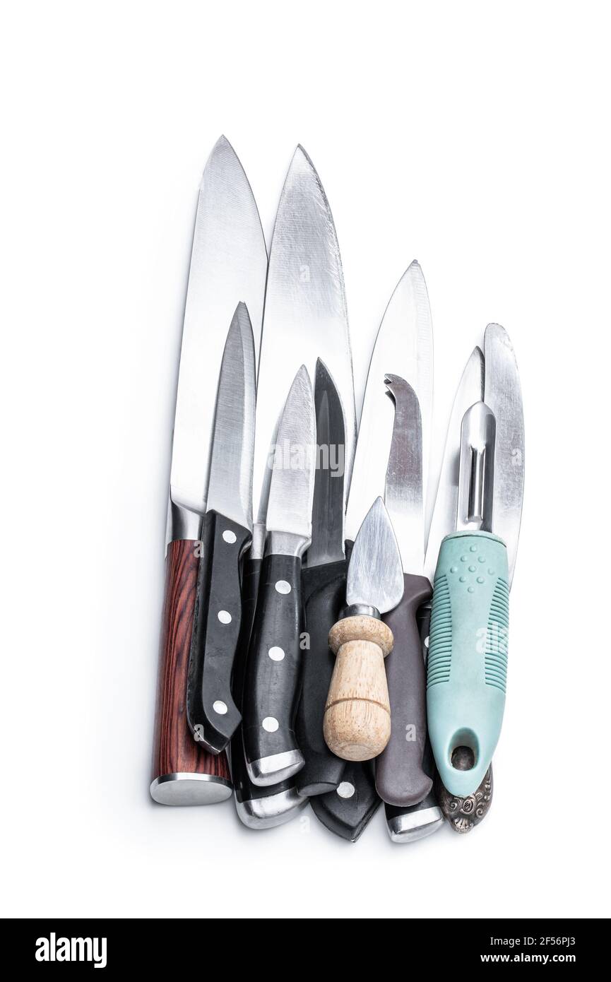 Set of different used and new kitchen knives isolated on white Stock ...