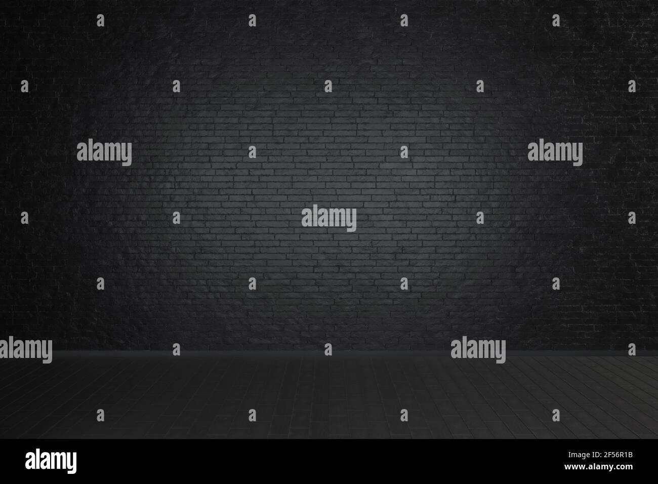 Empty studio dark room with black brick wall and wooden floor. 3d ...