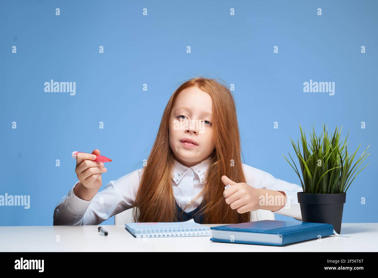 red-haired girl sitting at study table education lifestyle learning ...
