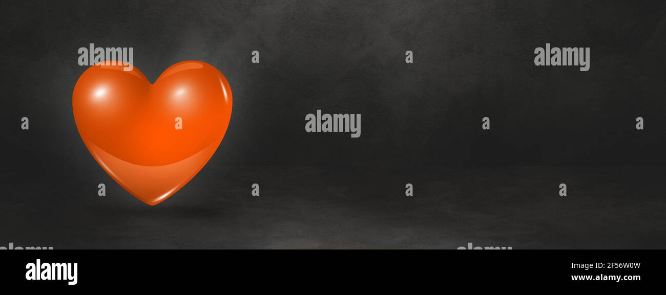 3D orange heart isolated on a black studio banner. 3D illustration ...