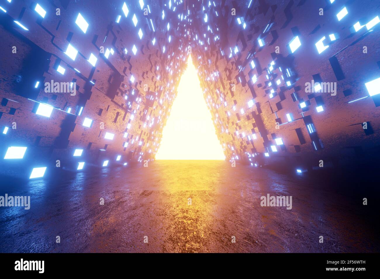 Three dimensional render of triangle shaped portal glowing at end of ...
