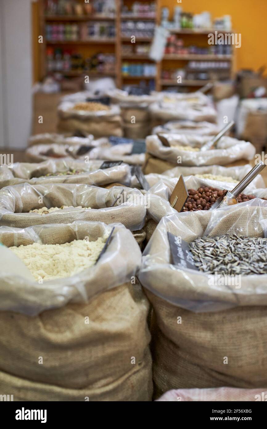Organic food in sack at store Stock Photo - Alamy