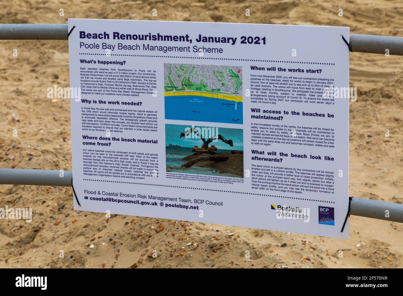 Information board giving details of Beach Replenishment work being ...
