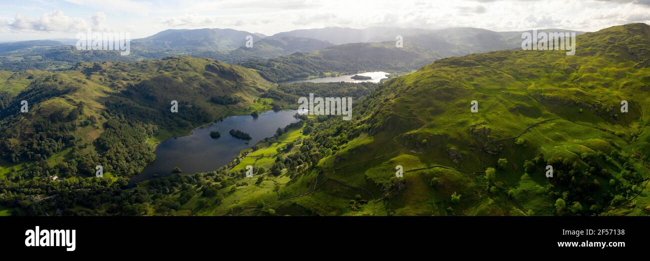 Aerial Panorama of Rydal water and Coniston in the Lake District Stock ...