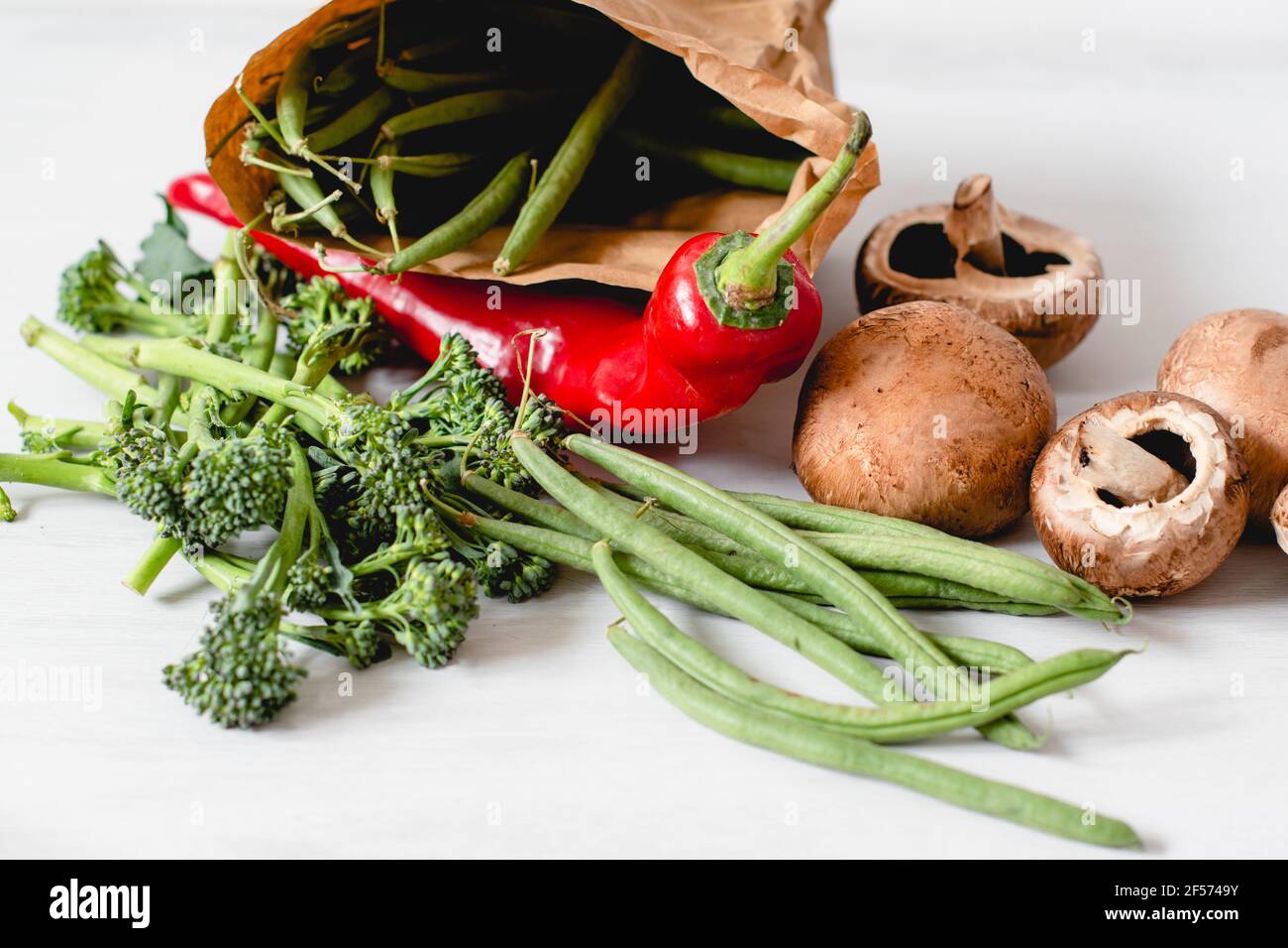 Organic vegetables - Red Romano Pepper with French beans, mushrooms ...