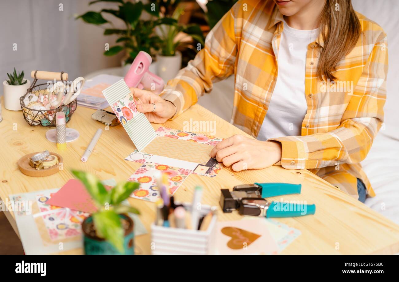 Making of handmade card from paper. DIY, hobby concept, gift idea ...