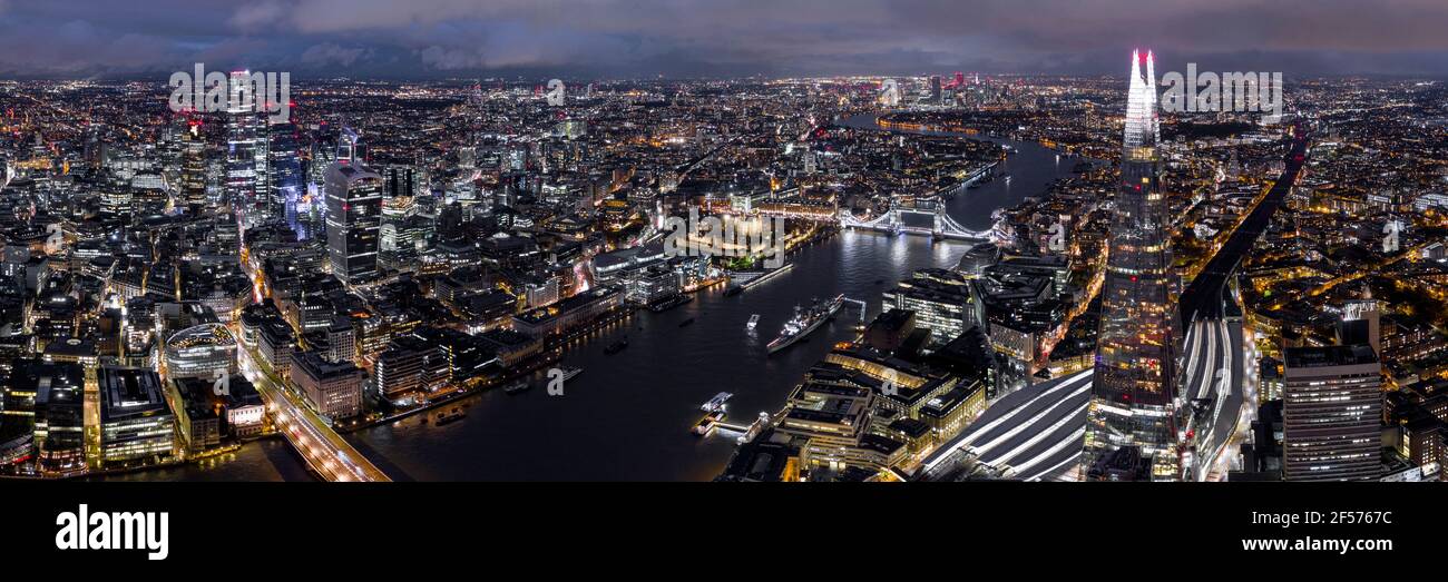 Aerial Panorama of the London Shard and Skyline at night Stock Photo ...
