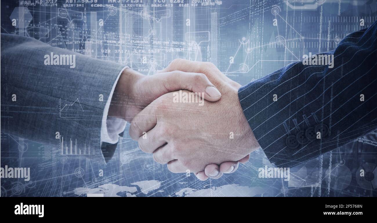 Composition of businessman and businesswoman shaking hands with network ...