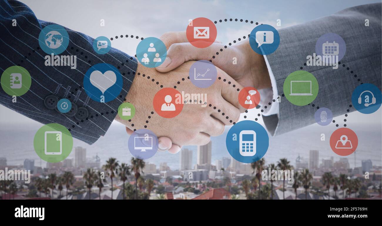 Composition of businessmen shaking hands with network of connections ...