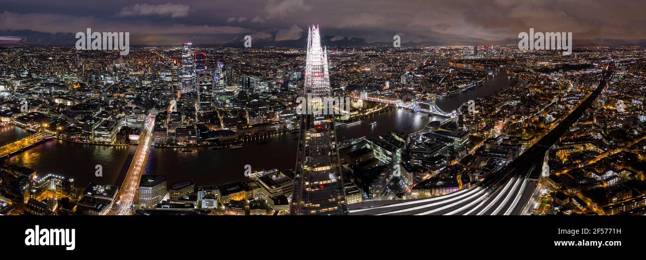 Aerial Panorama of the London Shard and Skyline at night Stock Photo ...