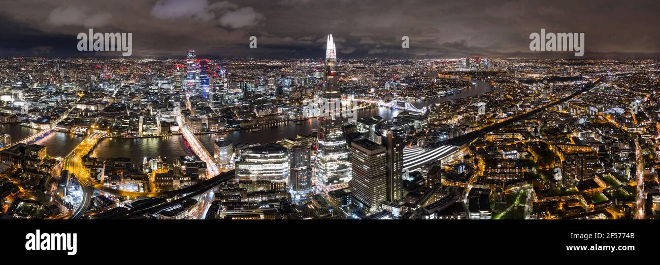 Aerial Panorama of the London Shard and Skyline at night Stock Photo ...