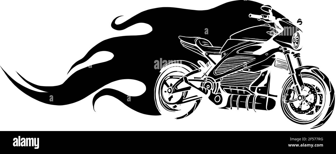 black silhouette of Motorcycle Racing on fire Vector illustration ...