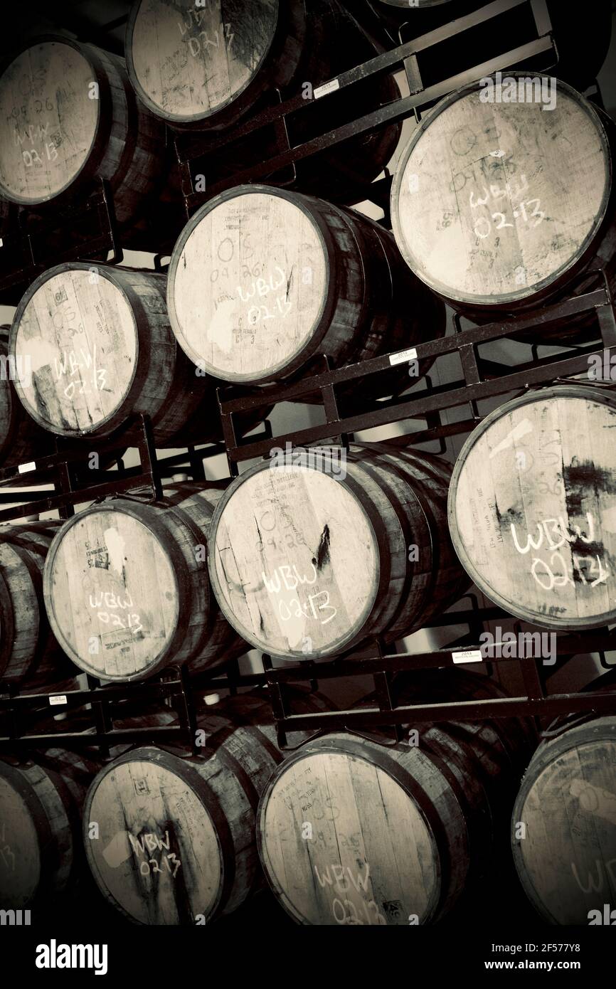 Beer aging in wooden oak barrels casks on rack in warehouse at River ...