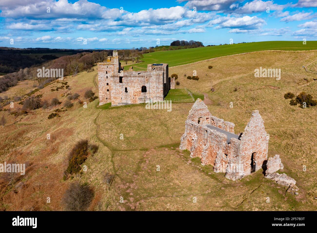 Aerial view of Crichton Castle in Crichton in Midlothian, Scotland, UK ...