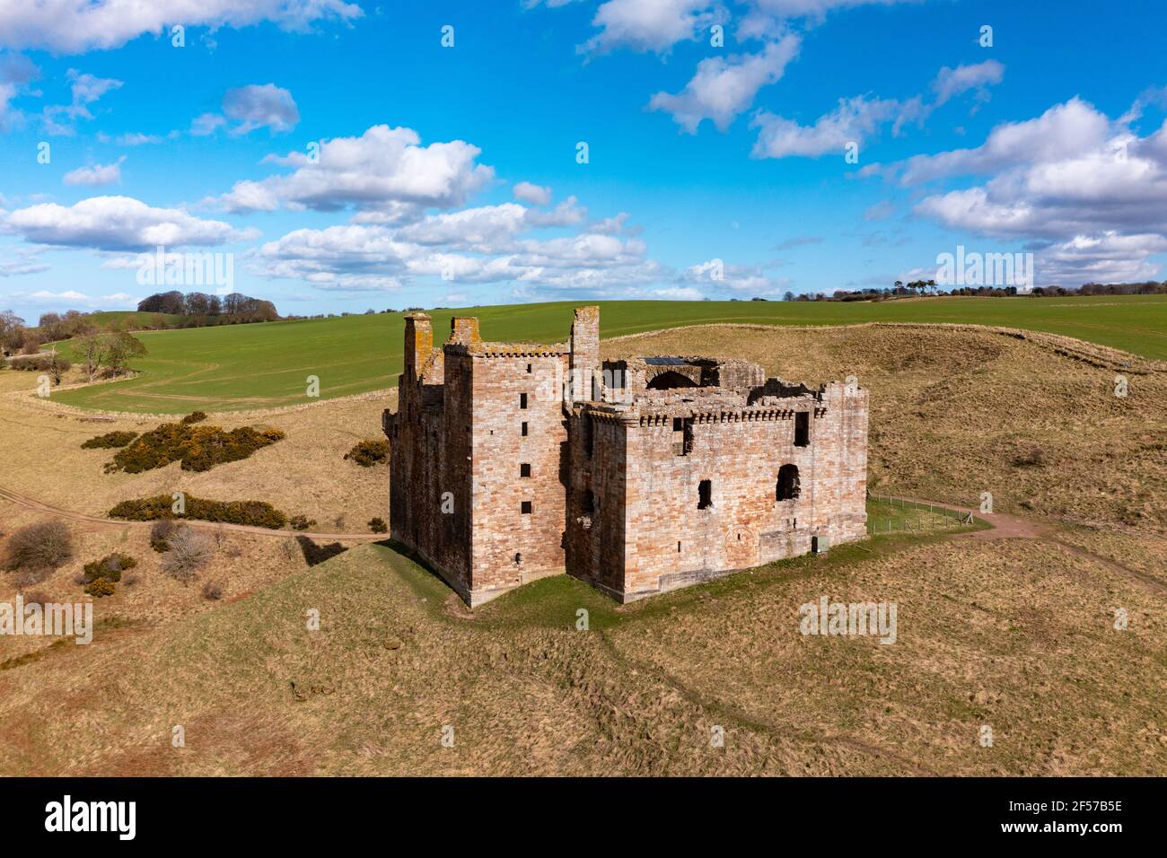 Aerial view of Crichton Castle in Crichton in Midlothian, Scotland, UK ...