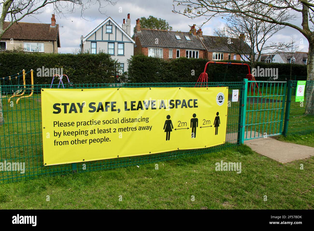 Stay Safe Leave Space banner in Oaklands Park, Chichester, West Sussex ...