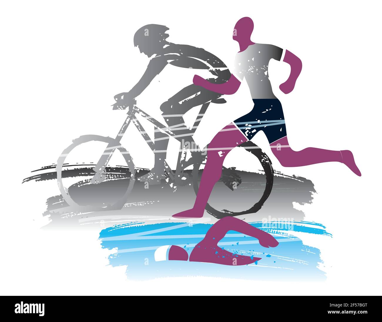 Triathlon race , grunge stylized. Three triathlon athletes on the ...