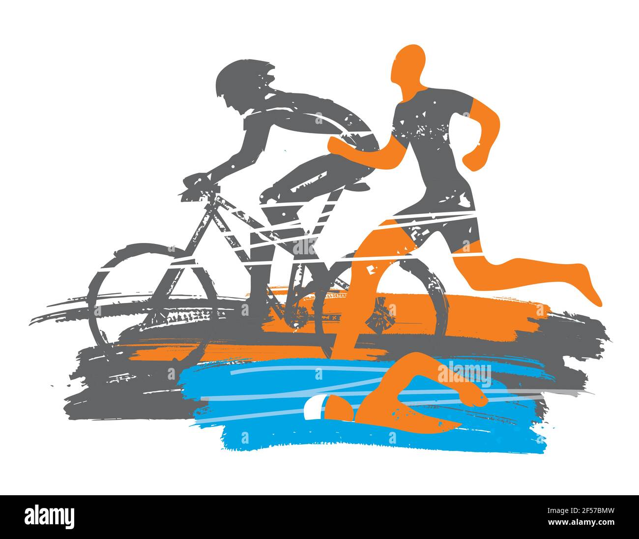 Triathlon race , grunge stylized. Three triathlon athletes on the ...