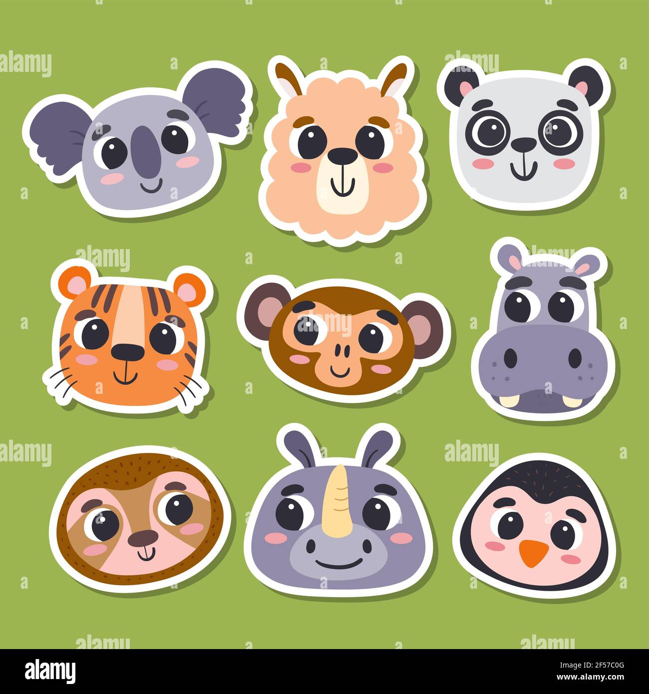 Animal stickers in cartoon style. Collection of cute wild animal heads ...