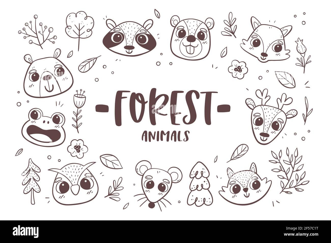 Animal doodle background. Forest animal heads with trees, plants and ...