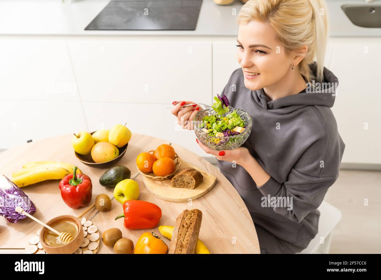 healthy eating, dieting and people concept - close up of young woman ...