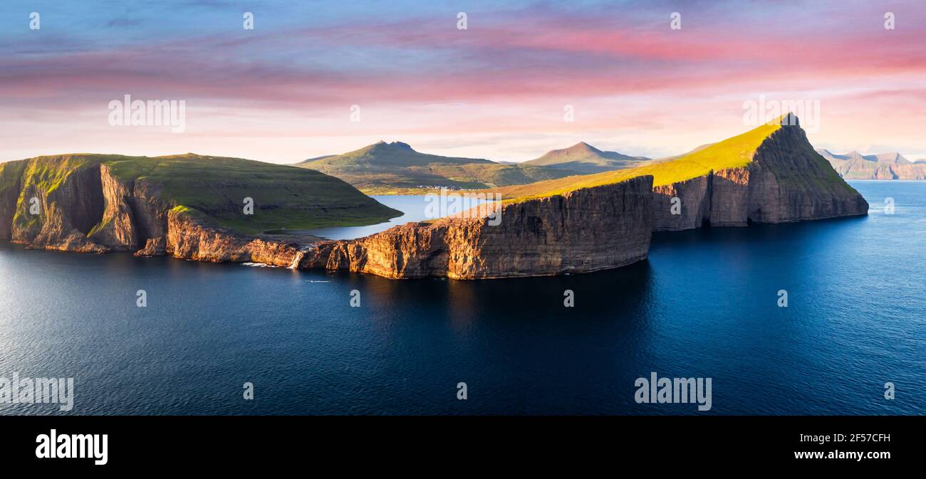 Sorvagsvatn lake on cliffs of Vagar island in sunset, Faroe Islands ...