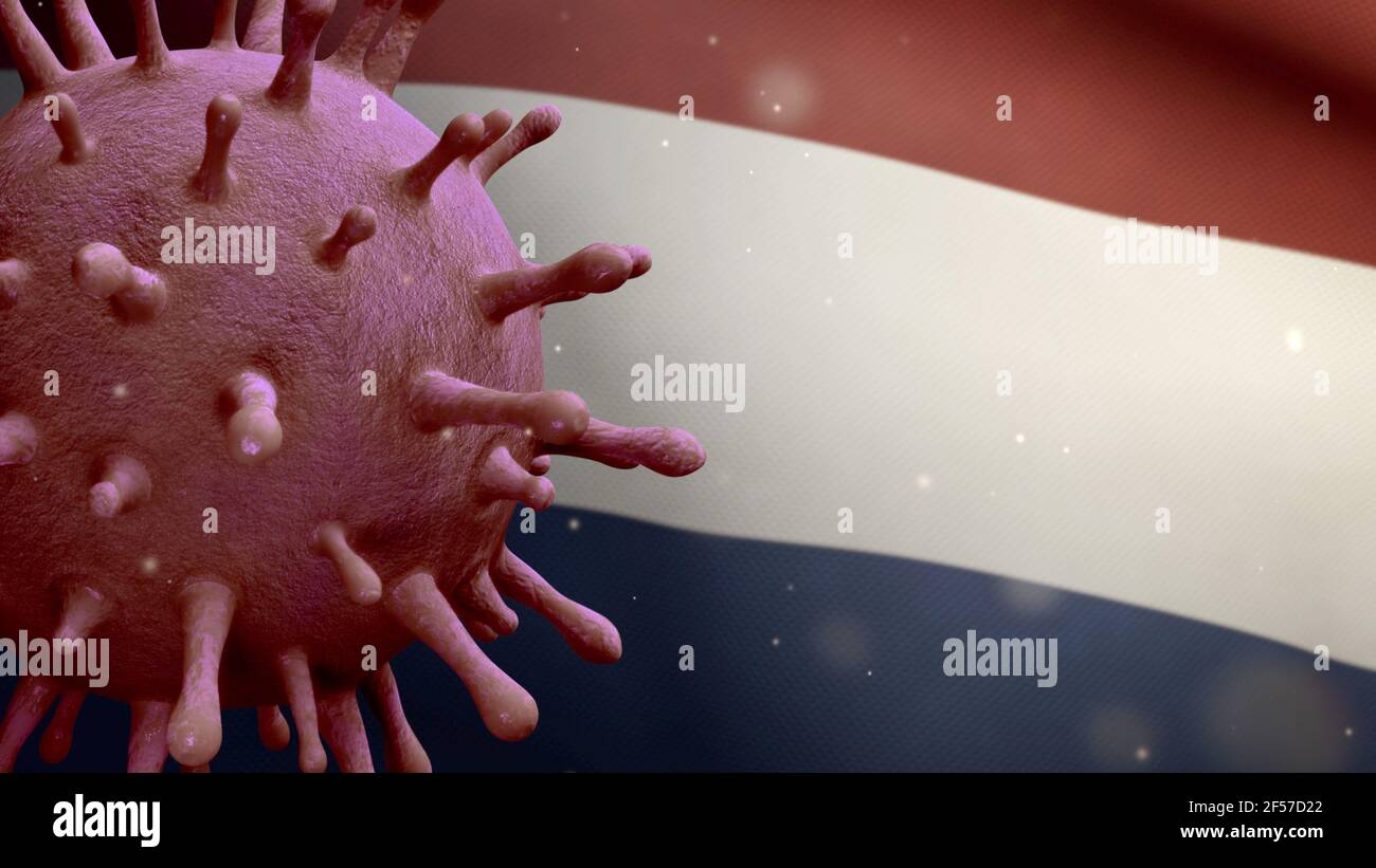 3D illustration Flu coronavirus floating over Dutch flag, pathogen ...