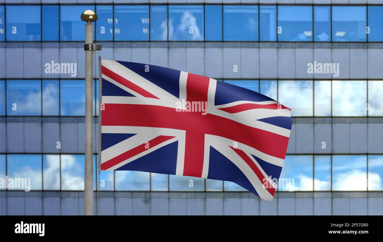 3D illustration United Kingdom flag waving in a modern skyscraper city ...