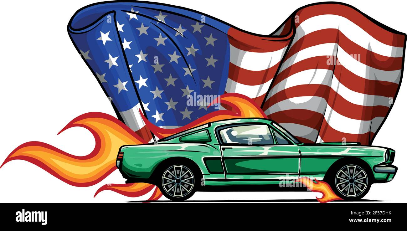 vector muscle car with flames and american flag Stock Vector Image ...