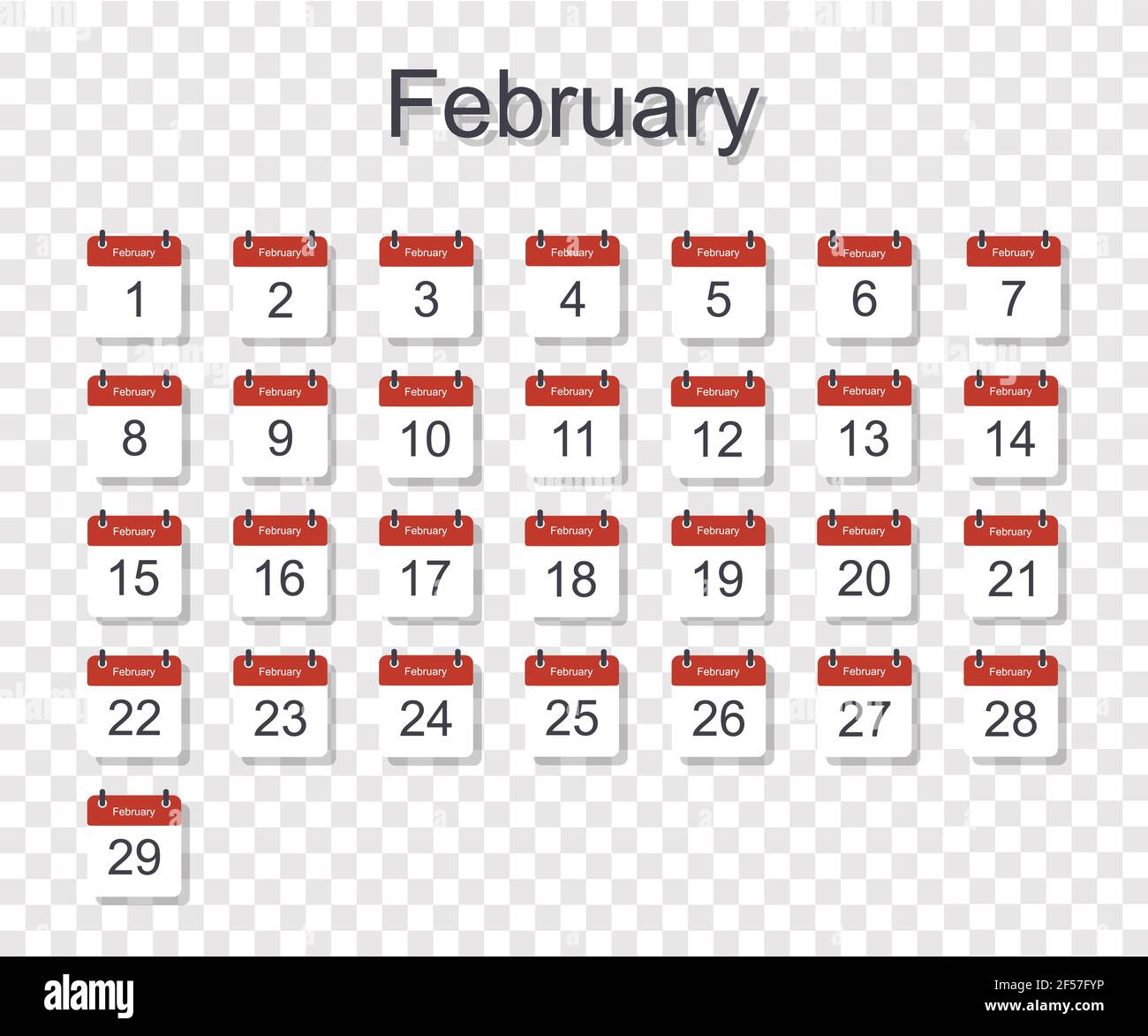 Monthly calendar template for February with daily date. On transparent ...