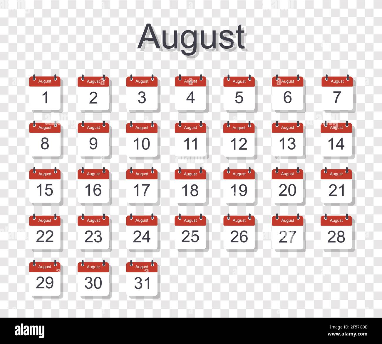 Monthly calendar template for August with daily date. On transparent ...