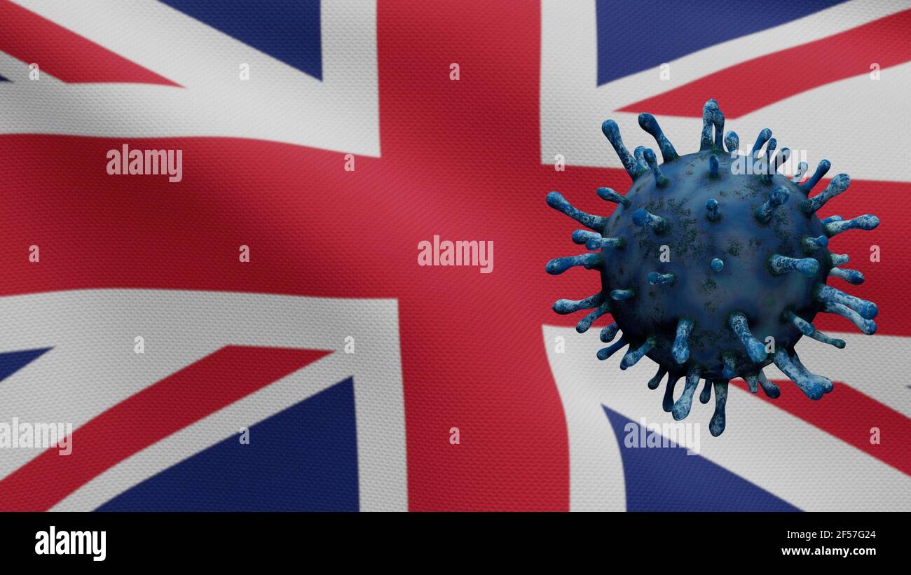 Flu coronavirus floating over United Kingdom flag, a pathogen that ...