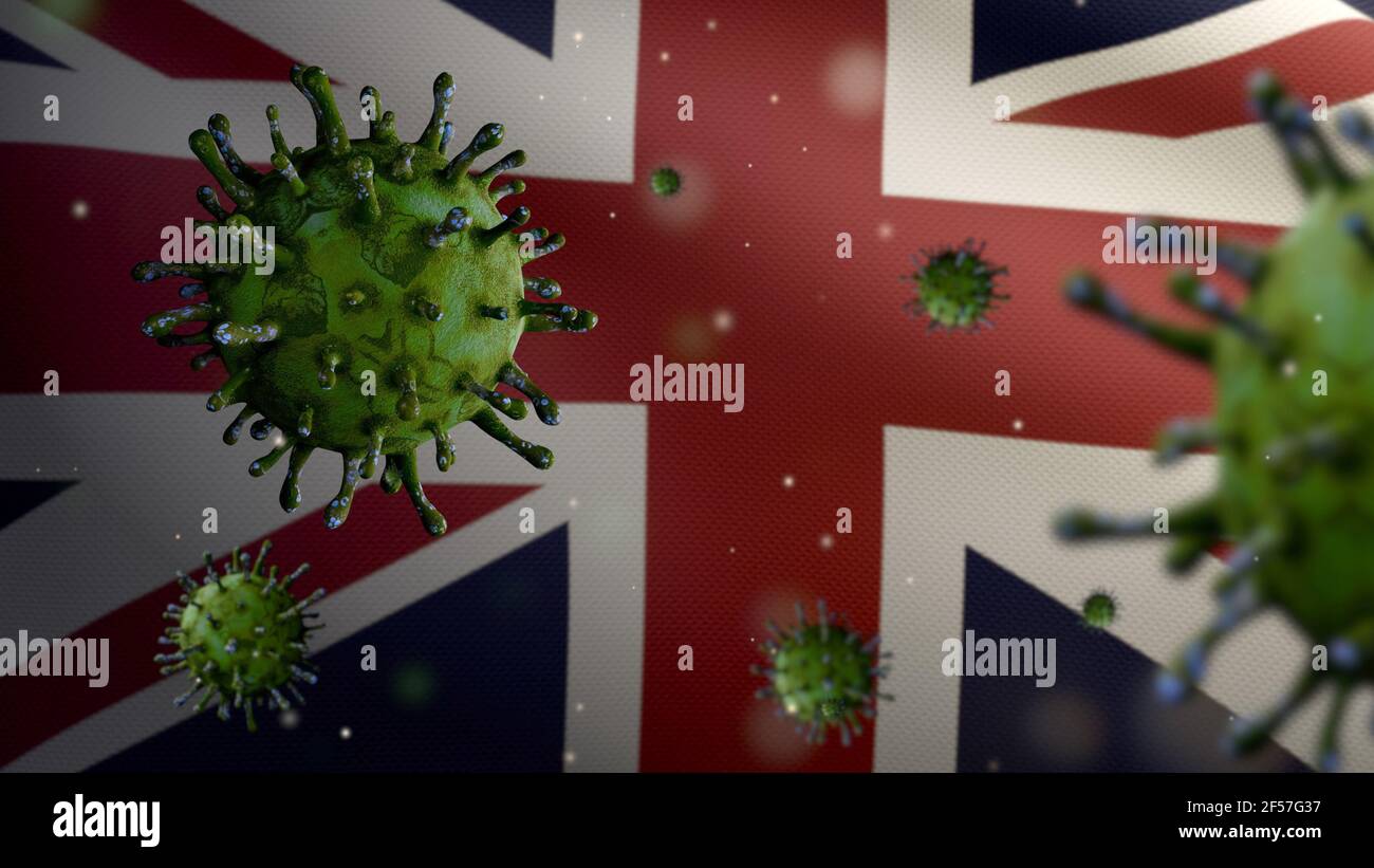 Flu coronavirus floating over United Kingdom flag, a pathogen that ...