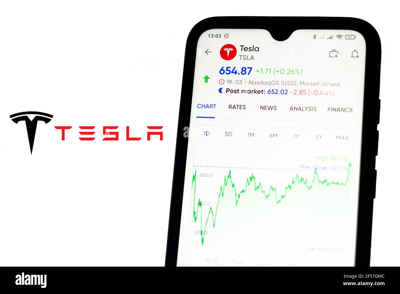 In this photo illustration the stock market information of Tesla seen ...