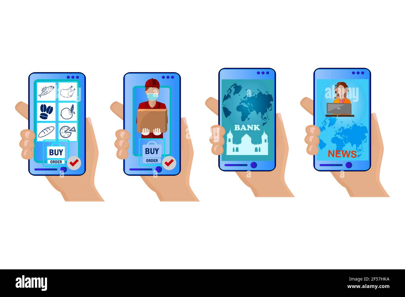 Set of hands and phones with differents app isolated on white ...