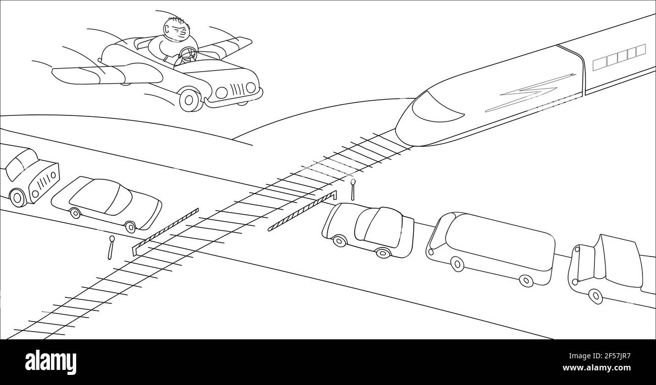 Person in his imagination overcomes a large traffic jam at the railway ...