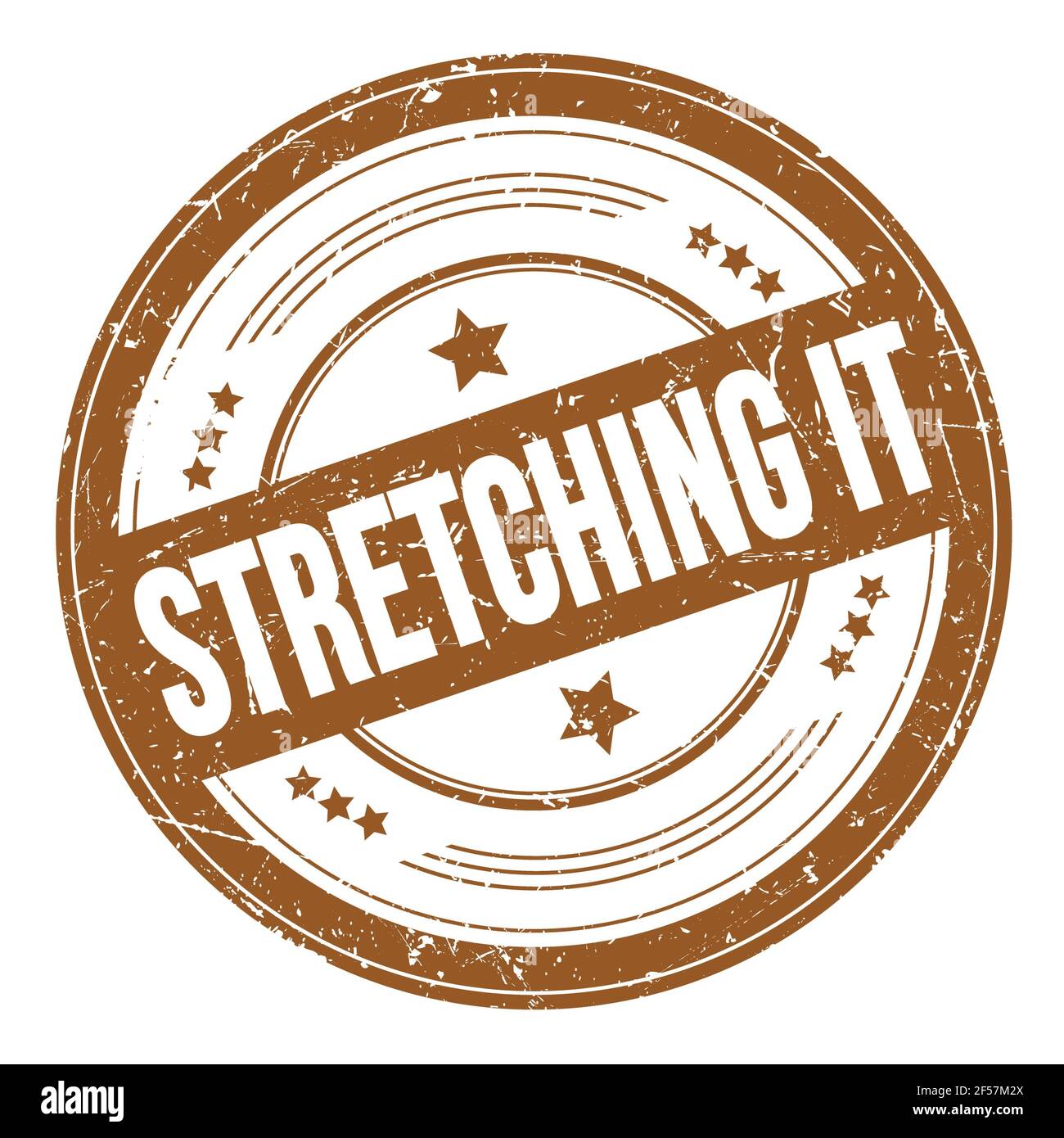 STRETCHING IT text on brown round grungy texture stamp Stock Photo - Alamy