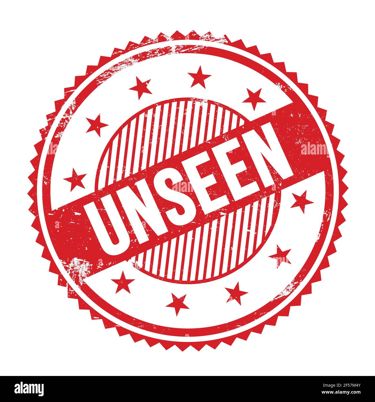 UNSEEN text written on red grungy zig zag borders round stamp Stock ...