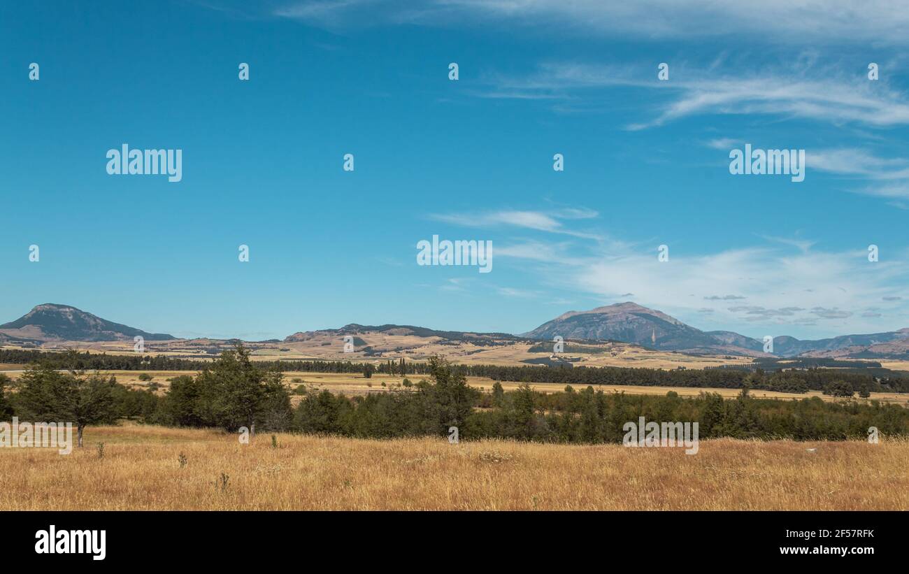 Beautiful landscape view of the field with trees and a mountain on the ...